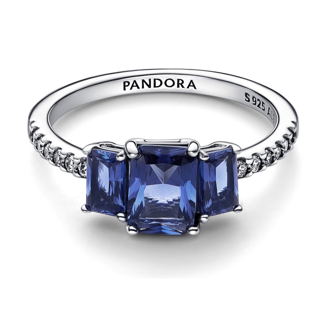 Pandora Timeless Non-stackable Blue Rectangular Three Stone Sparkling ...